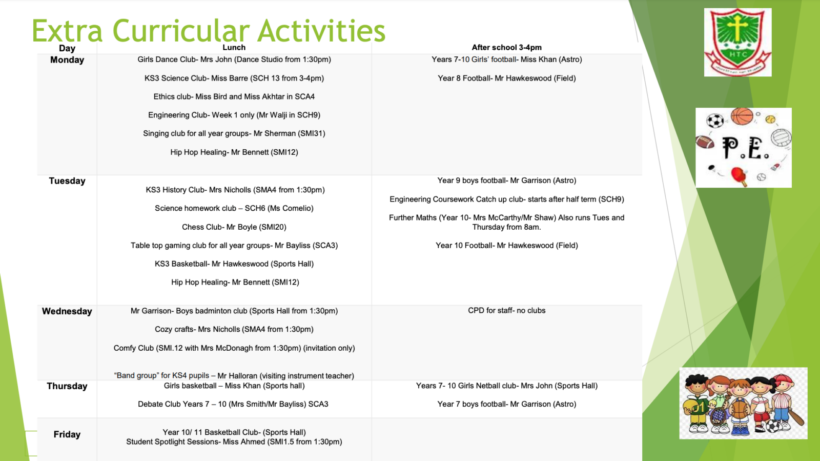Extra Curricular timetable - Holy Trinity Catholic School